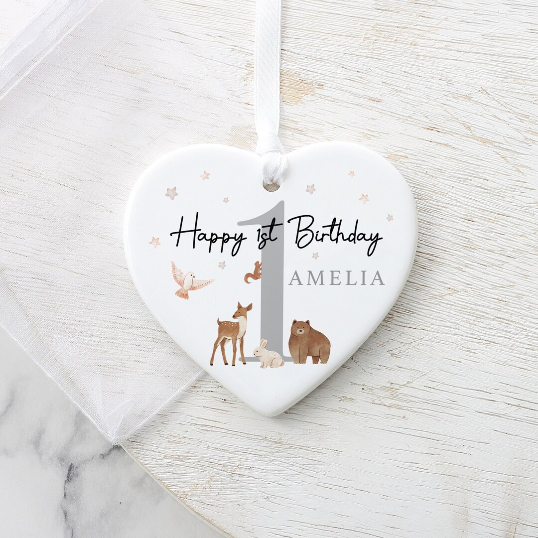 Personalised First Birthday Gift, 1st Birthday Heart Keepsake, Woodland ...