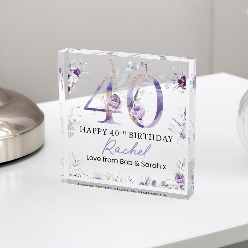 Personalised Happy 40th Birthday Gift Plaque, Purple Floral Birthday ...