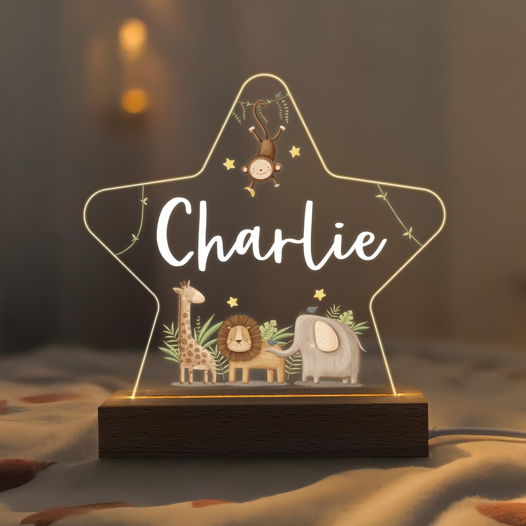 Personalised LED Safari Animal Star Lamp, Kids Night Light Gift, Baby ...