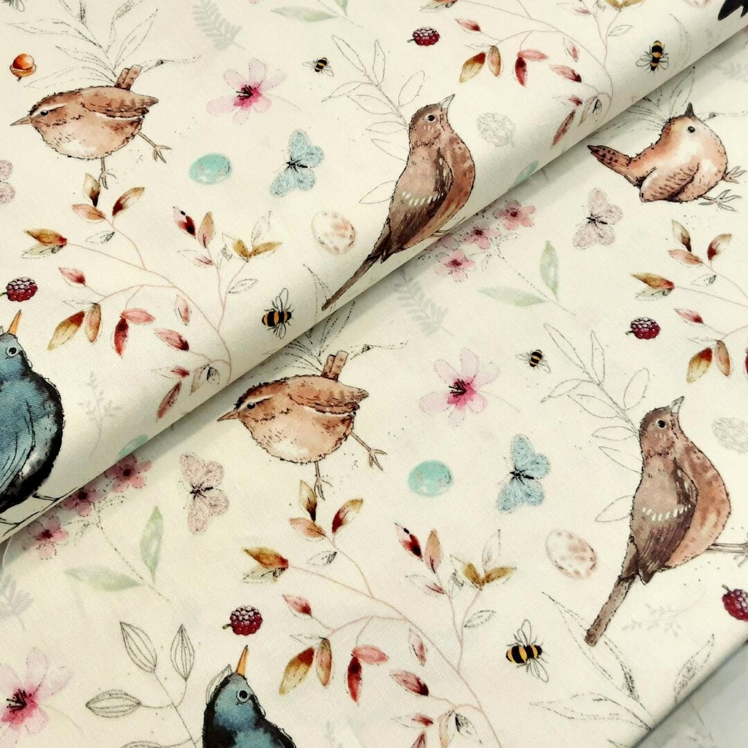 Garden Birds Wild Meadow Floral 100% Cotton Premium Fabric.112cm Wide ...