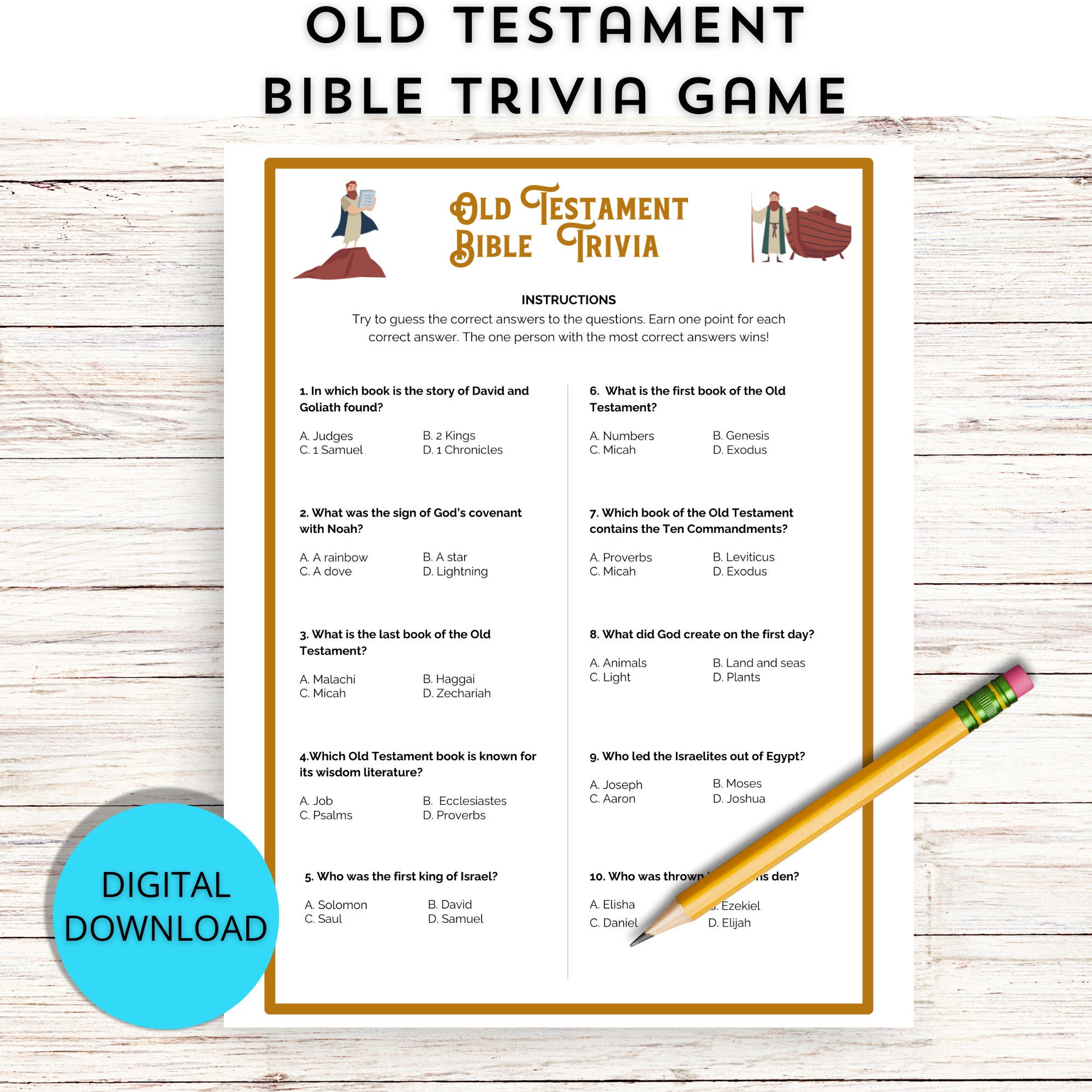 Printable Bible Trivia Game, Old Testament Bible Quiz, Sunday School ...