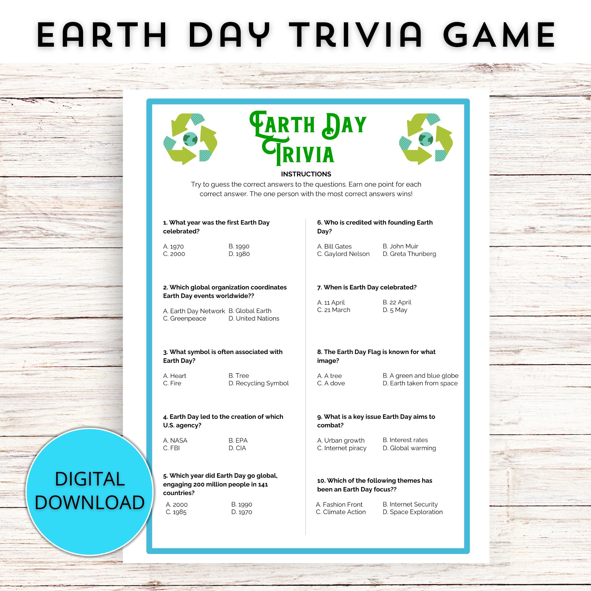 Earth Day Trivia Game Printable, Multiple Choice Trivia Game - Etsy