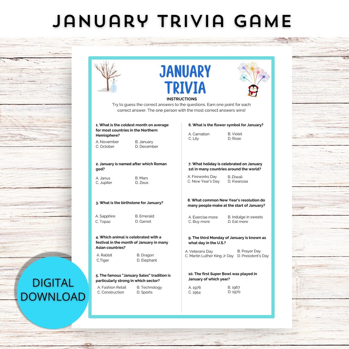 Printable January Trivia Game, Snow Day Activity, Winter Trivia Game ...