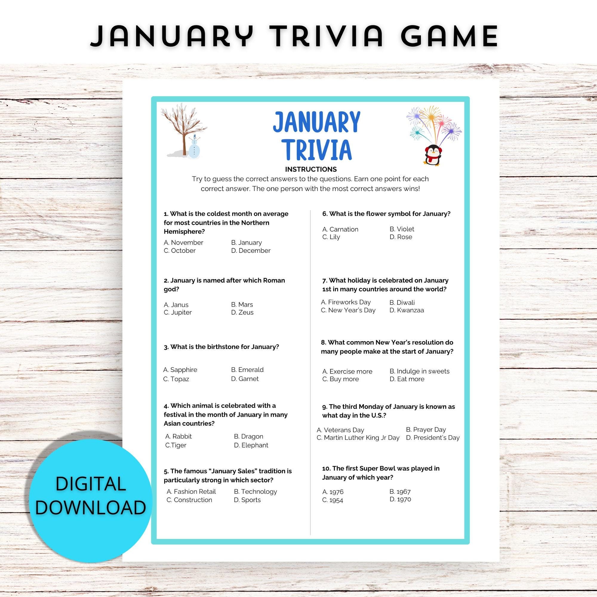 Printable January Trivia Game, Snow Day Activity, Winter Trivia Game ...