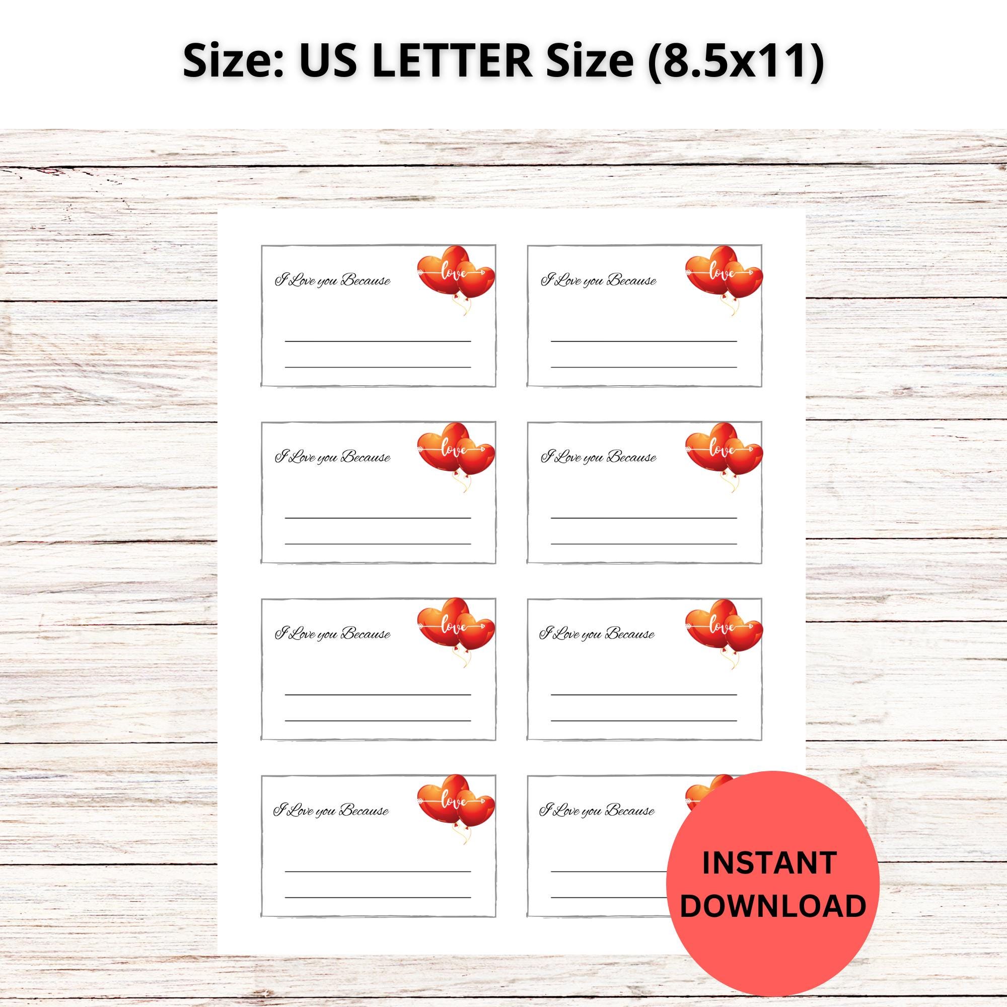 Printable Blank I Love You Because Cards, Fill in I Love You Cards ...