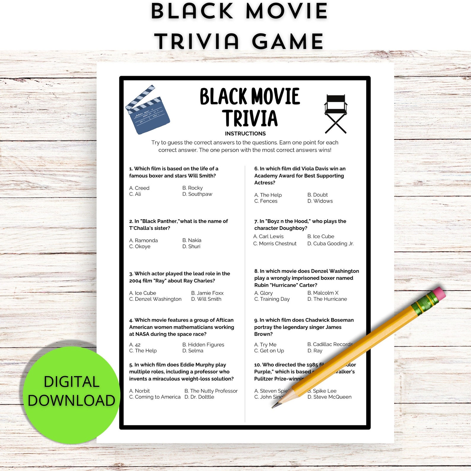 Black Movie Trivia Printable Game, African American Movie Trivia Game ...
