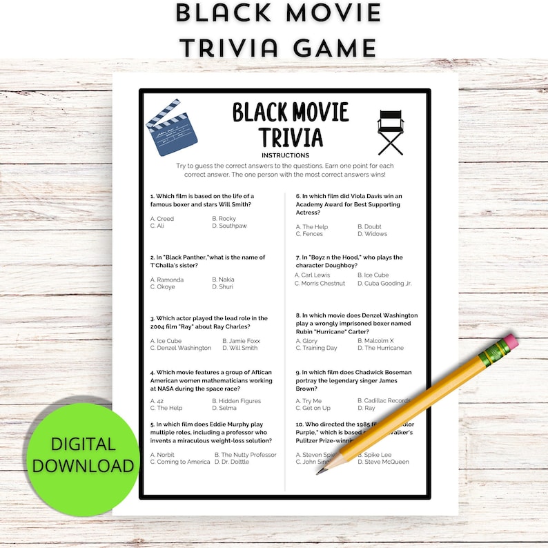 Black Movie Trivia Printable Game, African American Movie Trivia Game ...