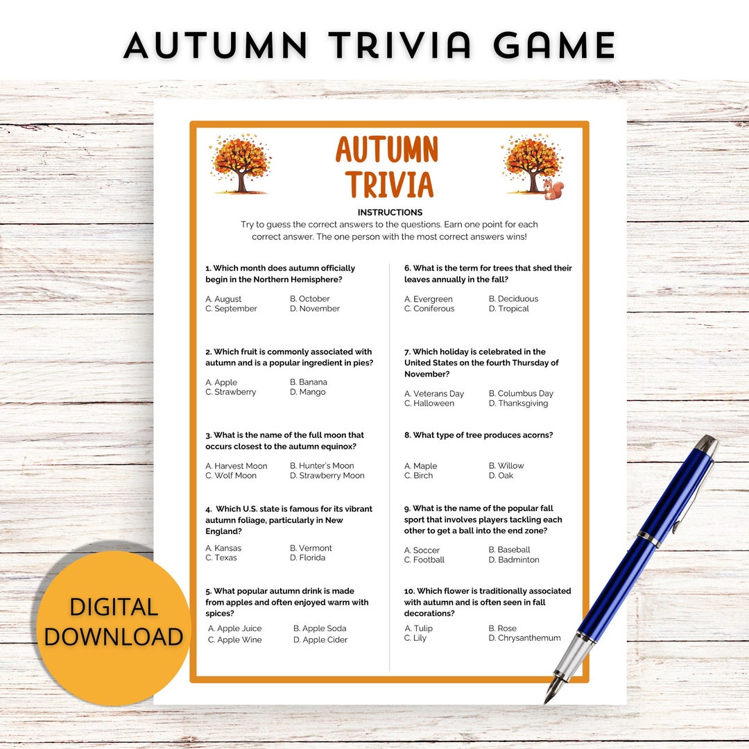 Autumn Trivia Game, Fall Trivia Game, Thanksgiving Multiple Choice ...