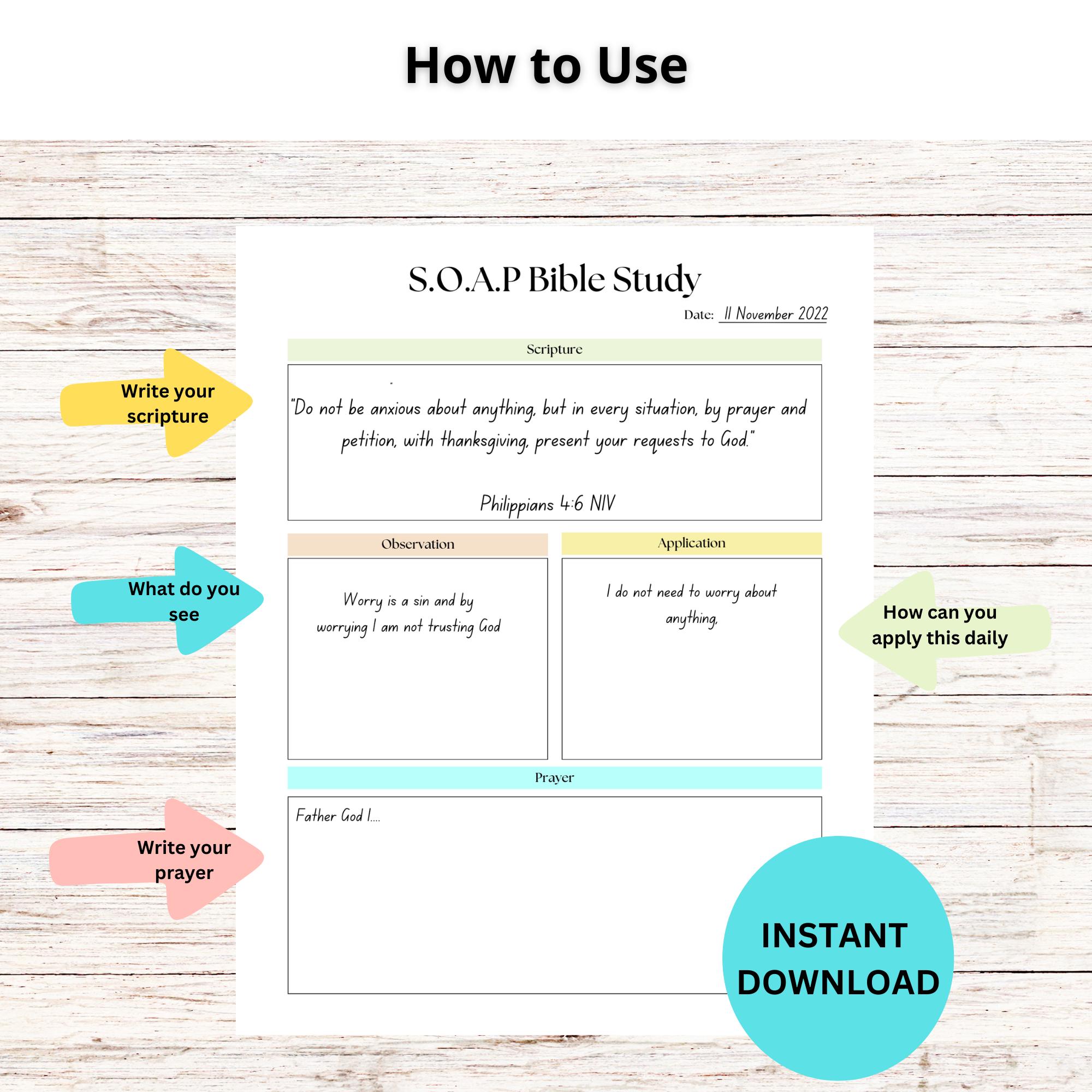 SOAP Study Method for the Bible, Bible Study Guide Template, SOAP Bible ...