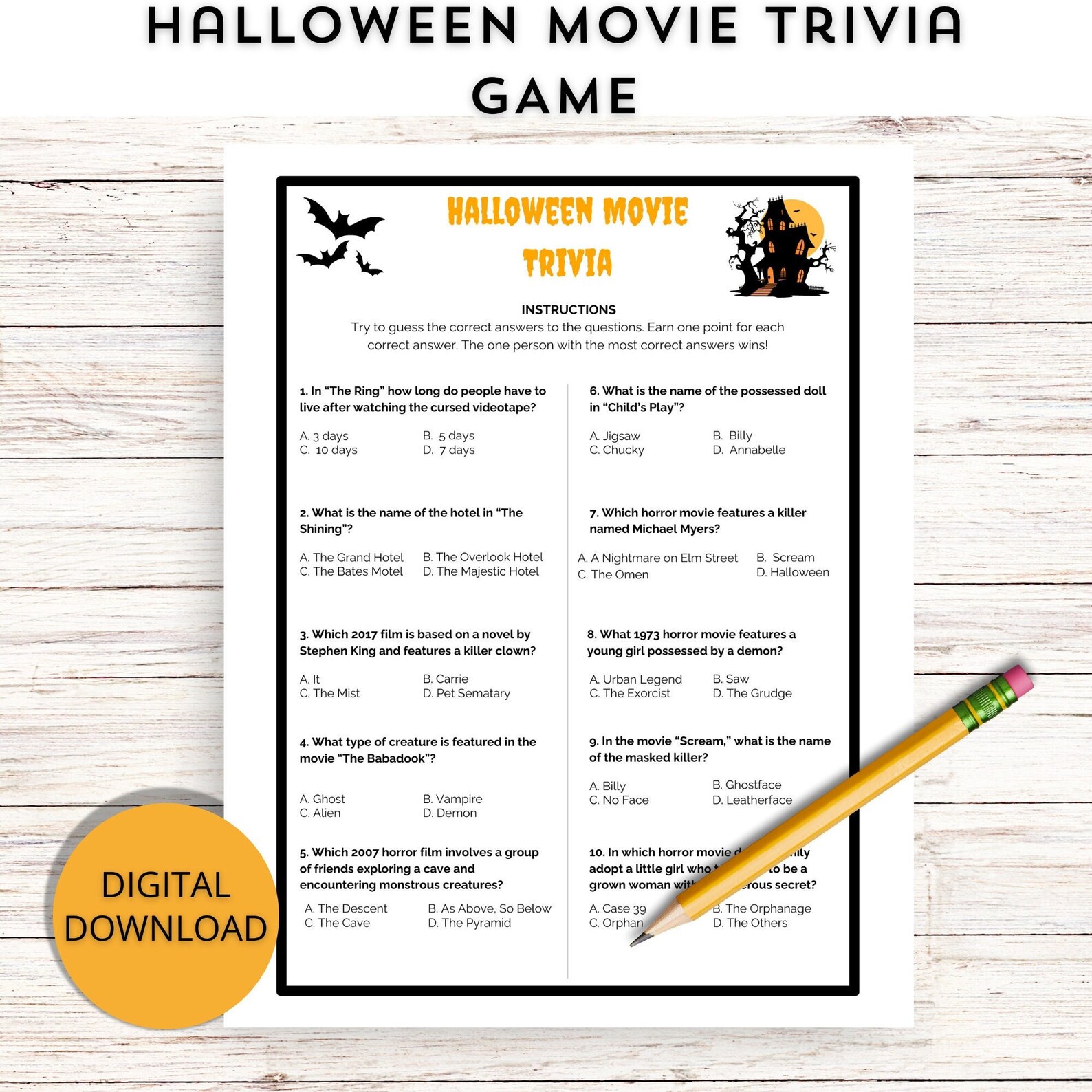 Horror Movie Trivia Game, Halloween Scary Movie Trivia Game for Adults ...