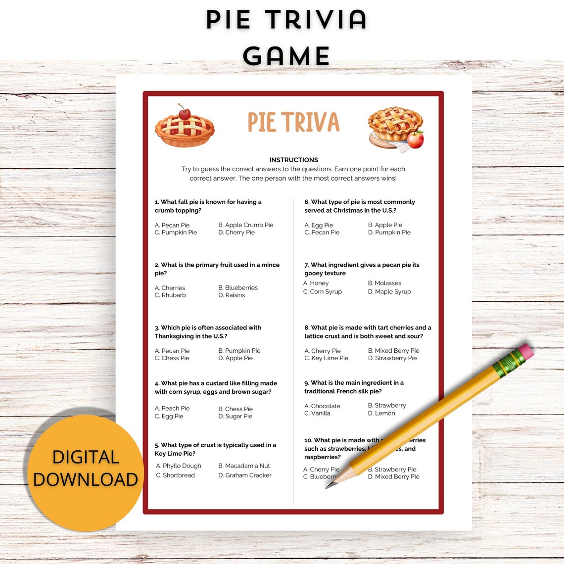 Pie Trivia Game, Dessert Party Trivia Game, Sweets Trivia Game ...