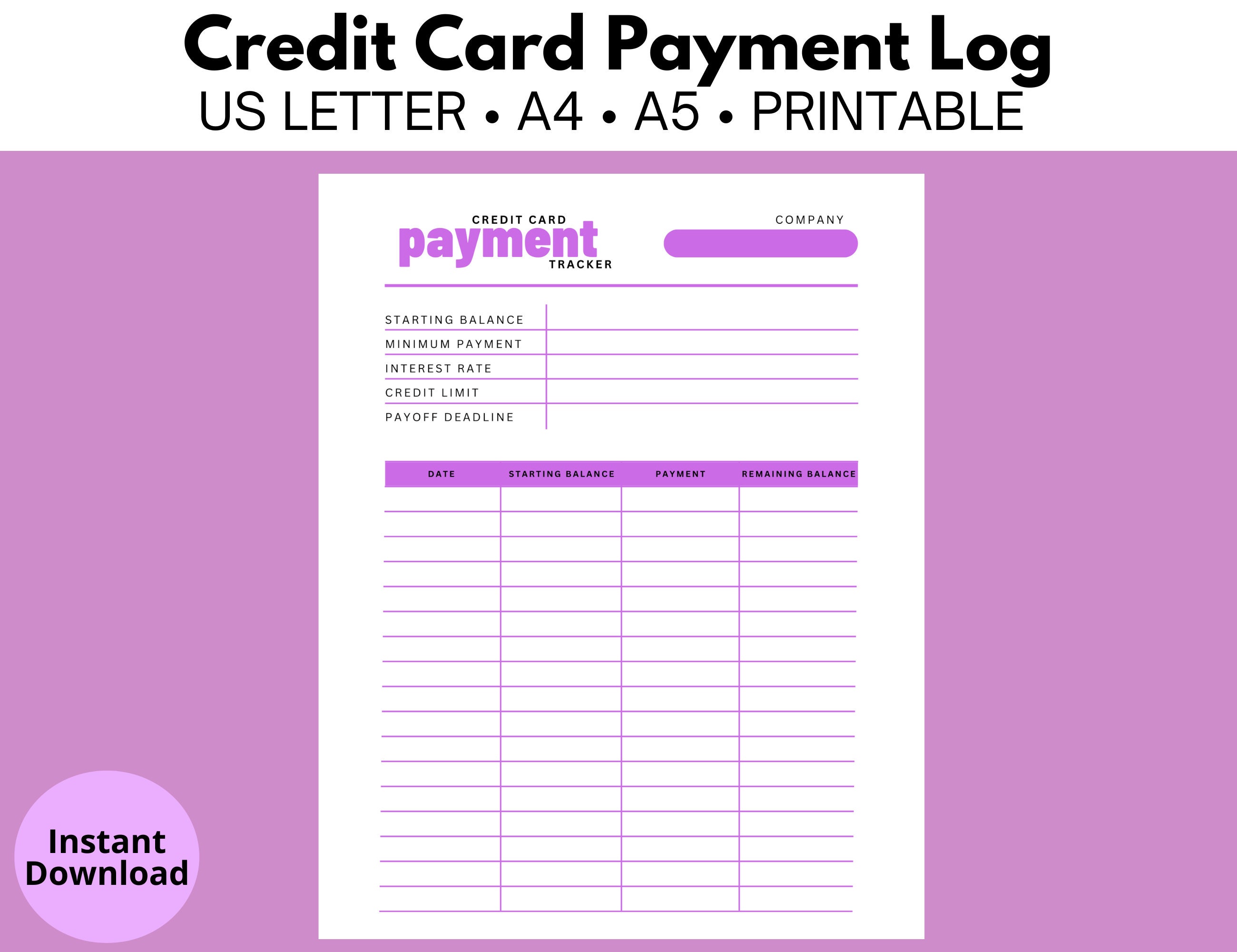 Credit Card Payment Log, Payment Tracker, Payment Log - Etsy