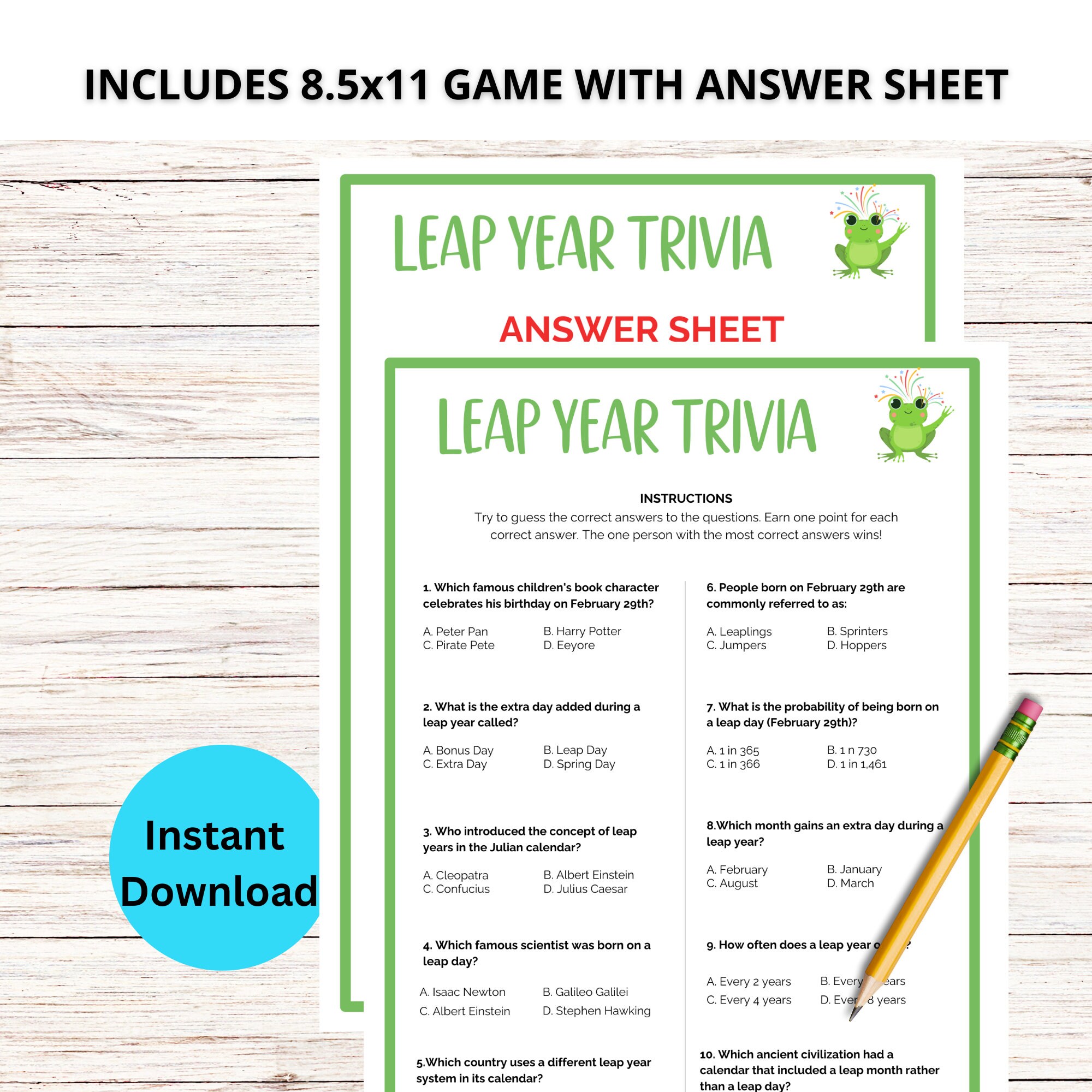 Leap Year Trivia Game, Leap Day 2024 Printable Game, Leap Day Trivia ...