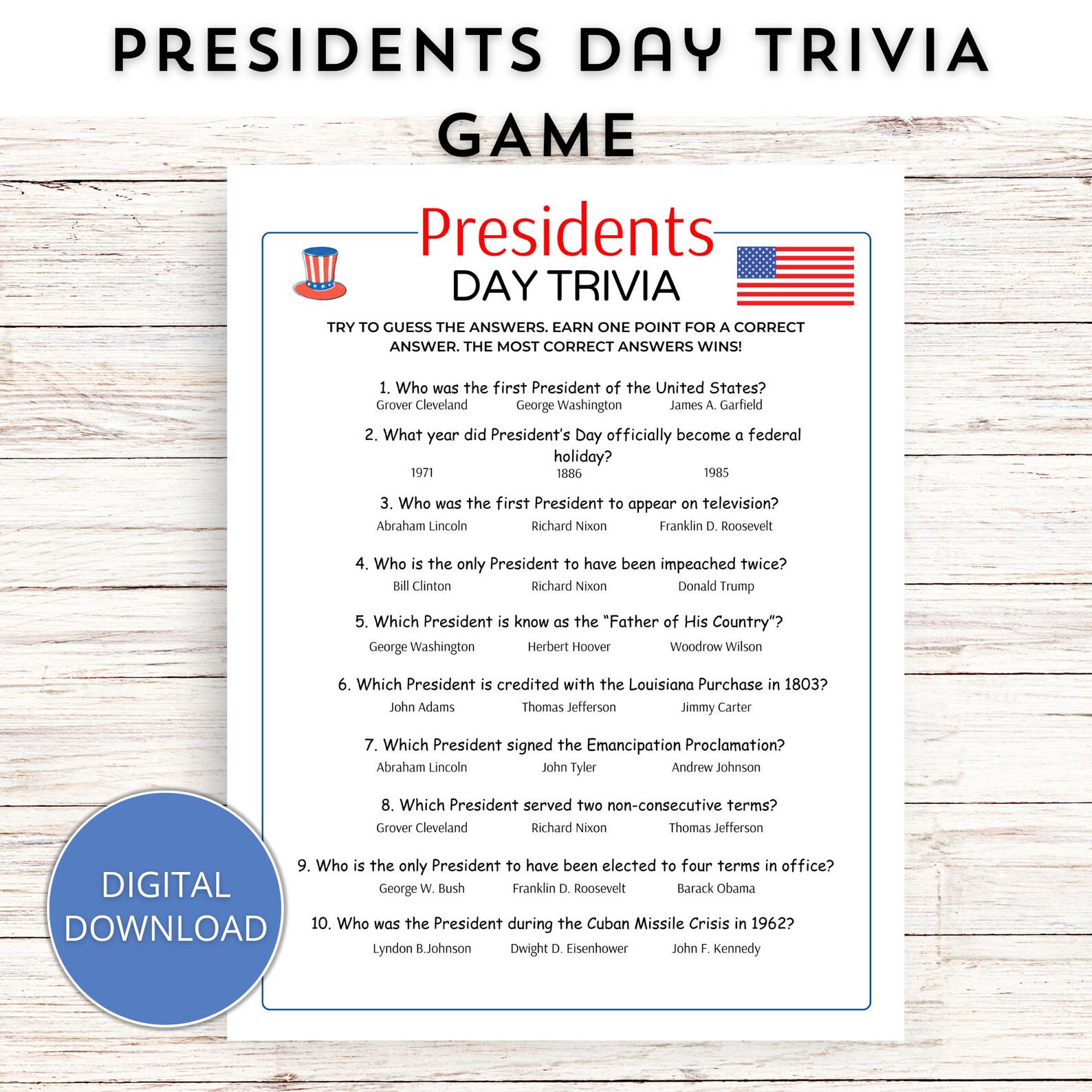 Presidents Day Trivia Game, Instant Download, Multiple Choice Game - Etsy
