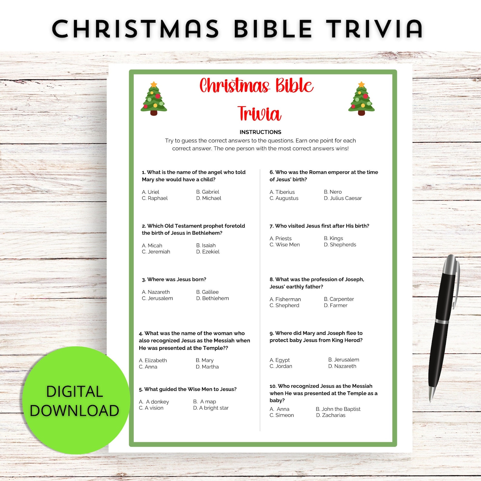 Christmas Bible Trivia Game, Church Christmas Party Game, Printable ...