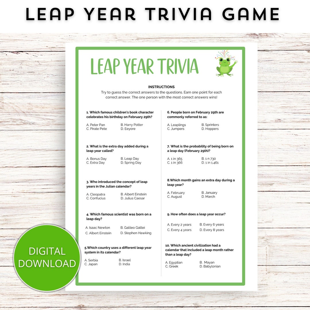Leap Year Trivia Game, Leap Day 2024 Printable Game, Leap Day Trivia ...