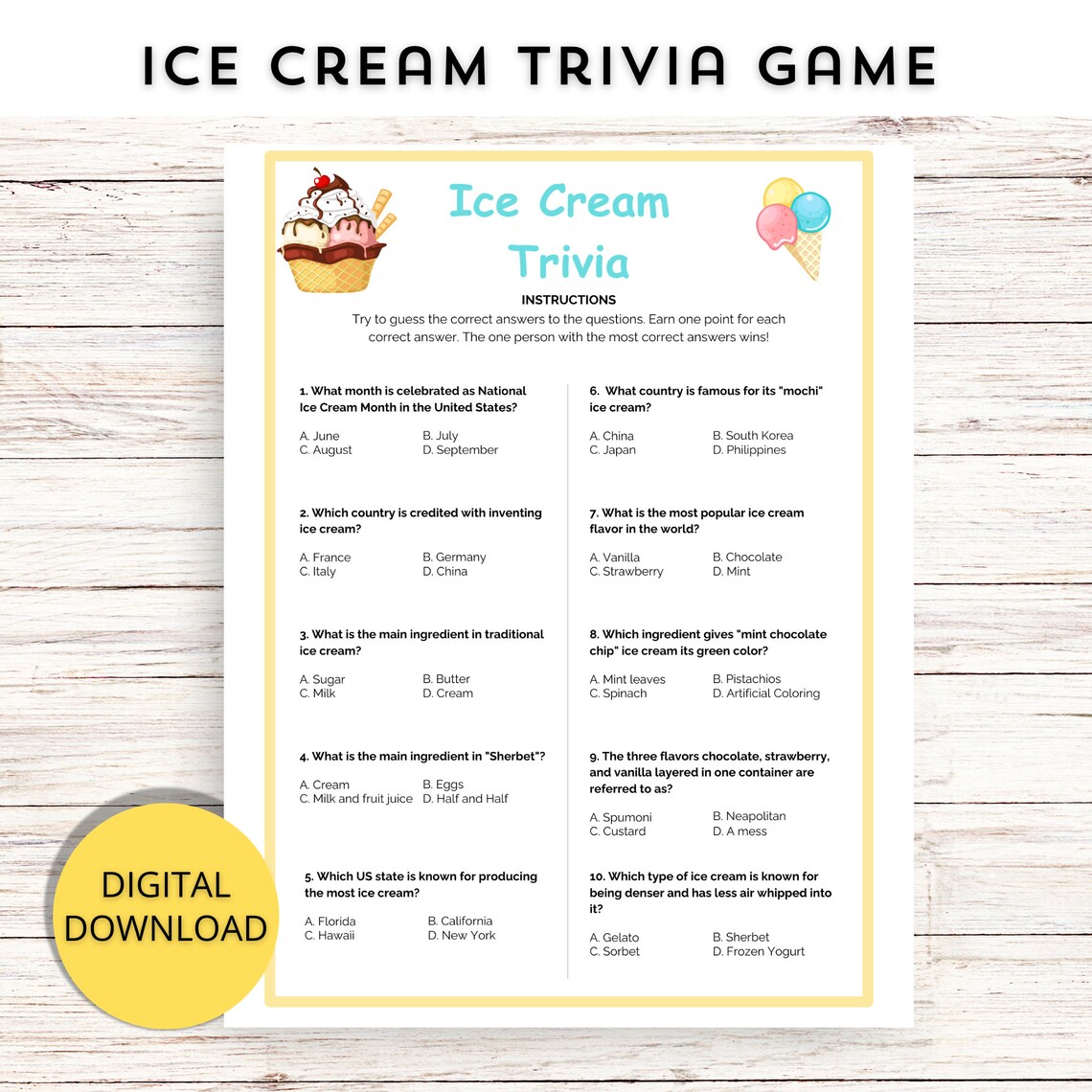 Ice Cream Trivia Game, Ice Cream Themed Birthday, Party Activity Idea ...