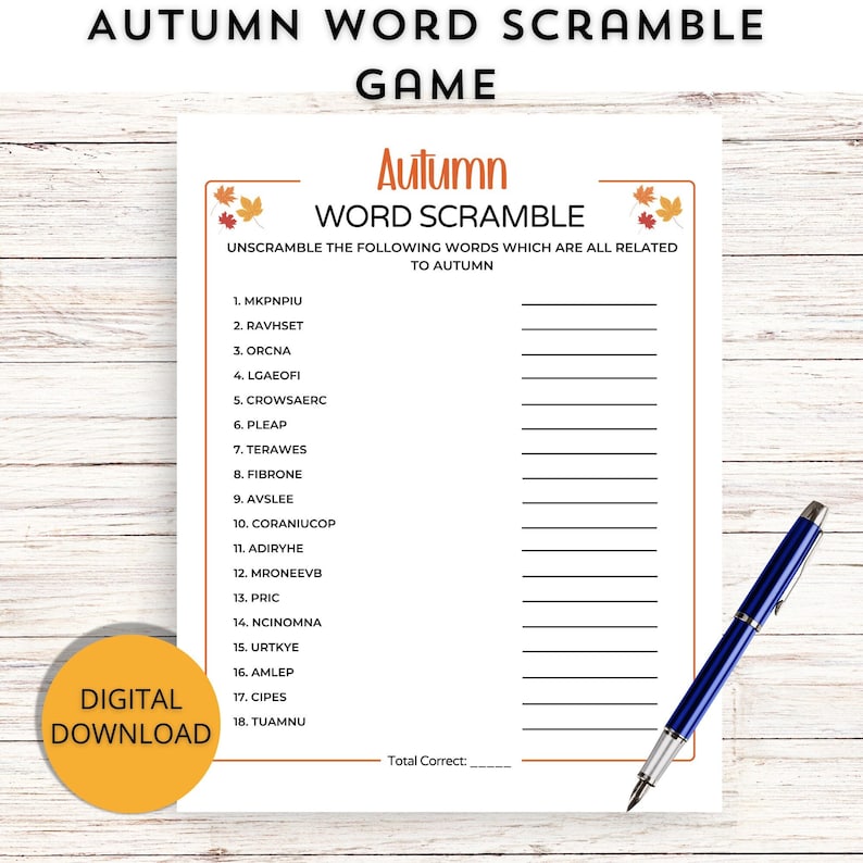 Autumn Word Scramble Printable Game, Fall Word Scramble, September ...