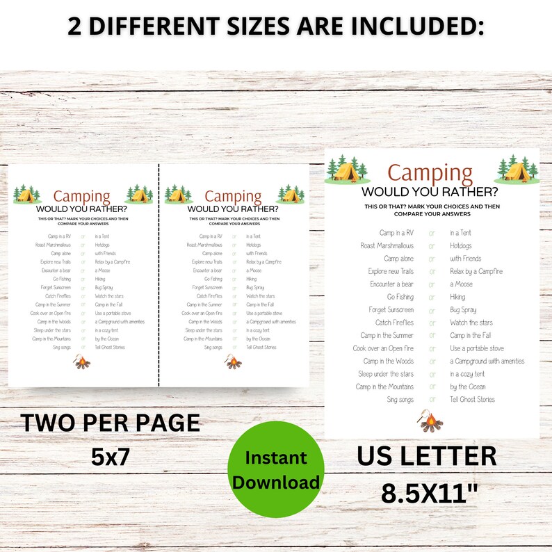 Would You Rather Camping Game, Ice Breaker Game Printable, Conversation ...