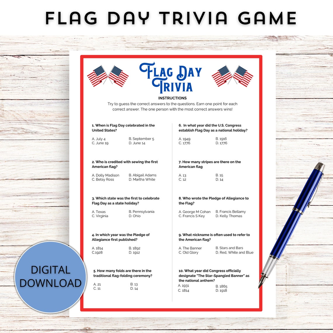 Flag Day Trivia Game, United States Flag Trivia Game, Flag Day Trivia ...