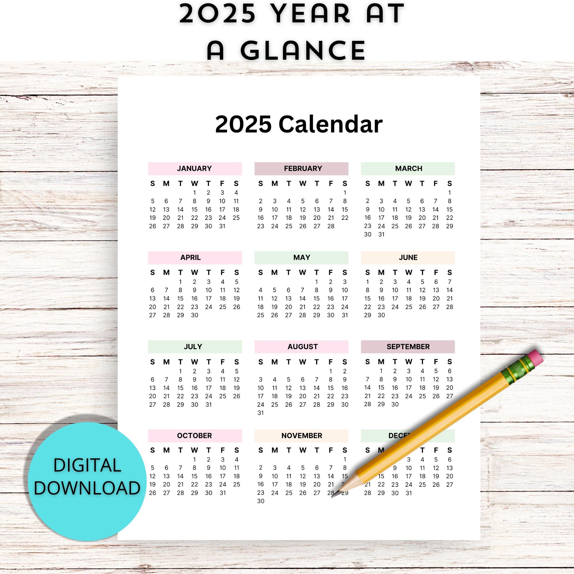 2025 Calendar Printable, School Calendar Printable, 2025 Year at a ...