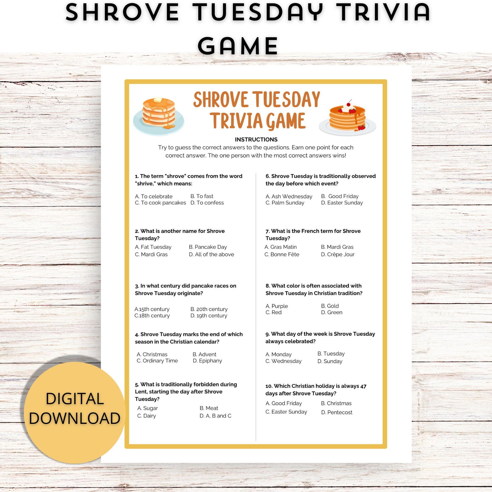 Shrove Tuesday Trivia Game, Pancake Day Quiz, Printable Pancake Day ...