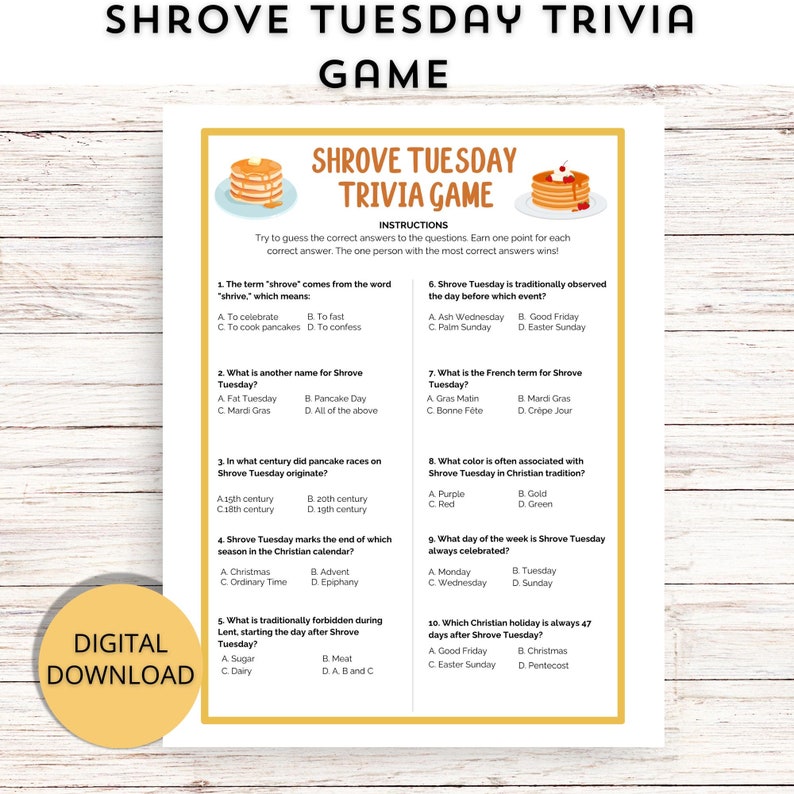 Shrove Tuesday Trivia Game, Pancake Day Quiz, Printable Pancake Day ...