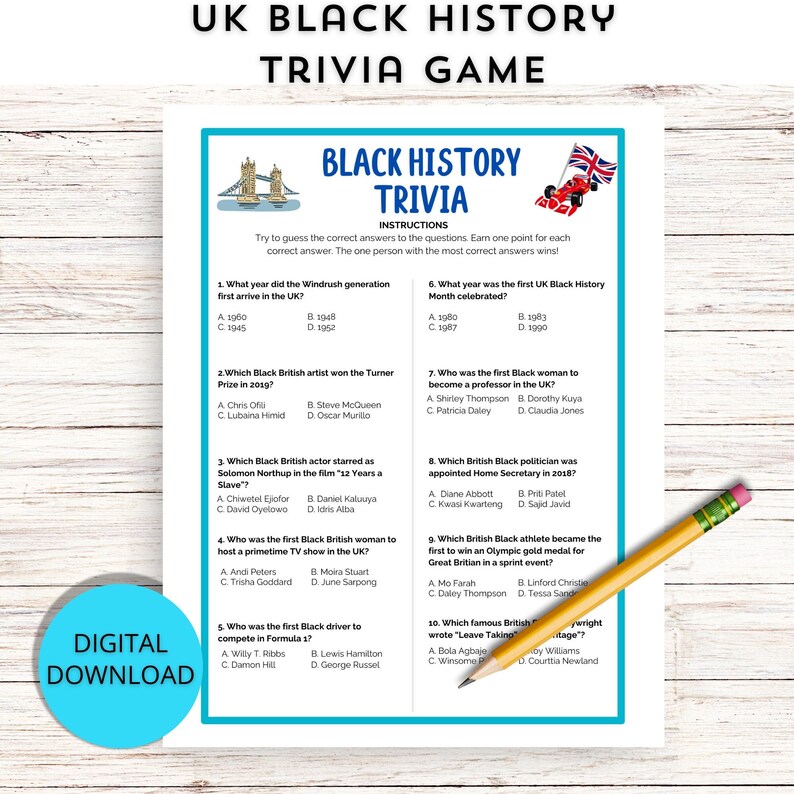 UK Black History Trivia Printable Game, Multiple Choice Black History ...