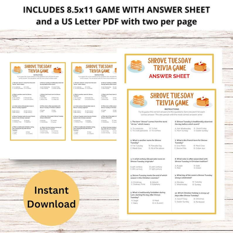 Shrove Tuesday Trivia Game, Pancake Day Quiz, Printable Pancake Day ...