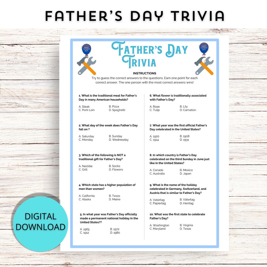 Father's Day Trivia Game Printable, Fun Father's Day Activity, Instant ...