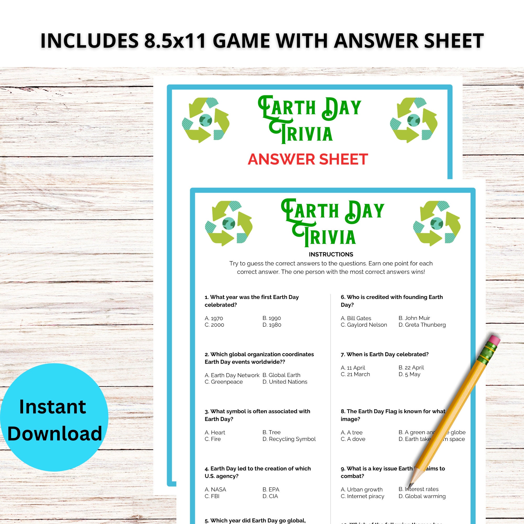 Earth Day Trivia Game Printable, Multiple Choice Trivia Game - Etsy