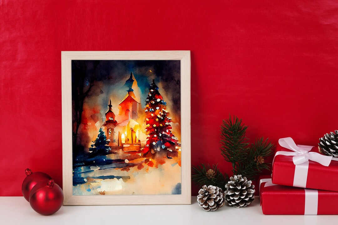 Christmas Tree and Church Watercolor Print, Christmas Winter Painting ...