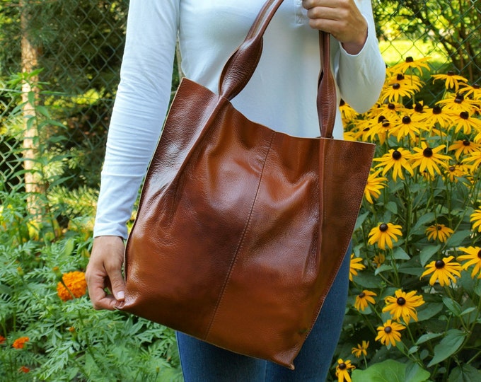 Leather TOTE Hobo Bag Brown Leather Tote Brown Leather - Etsy