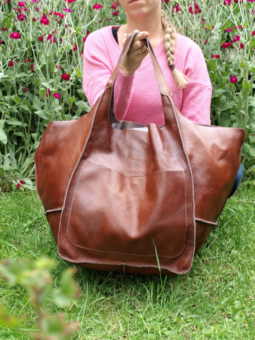 Cognac BROWN OVERSIZE SHOPPER Bag - Large Leather Tote Bag - Weekender ...