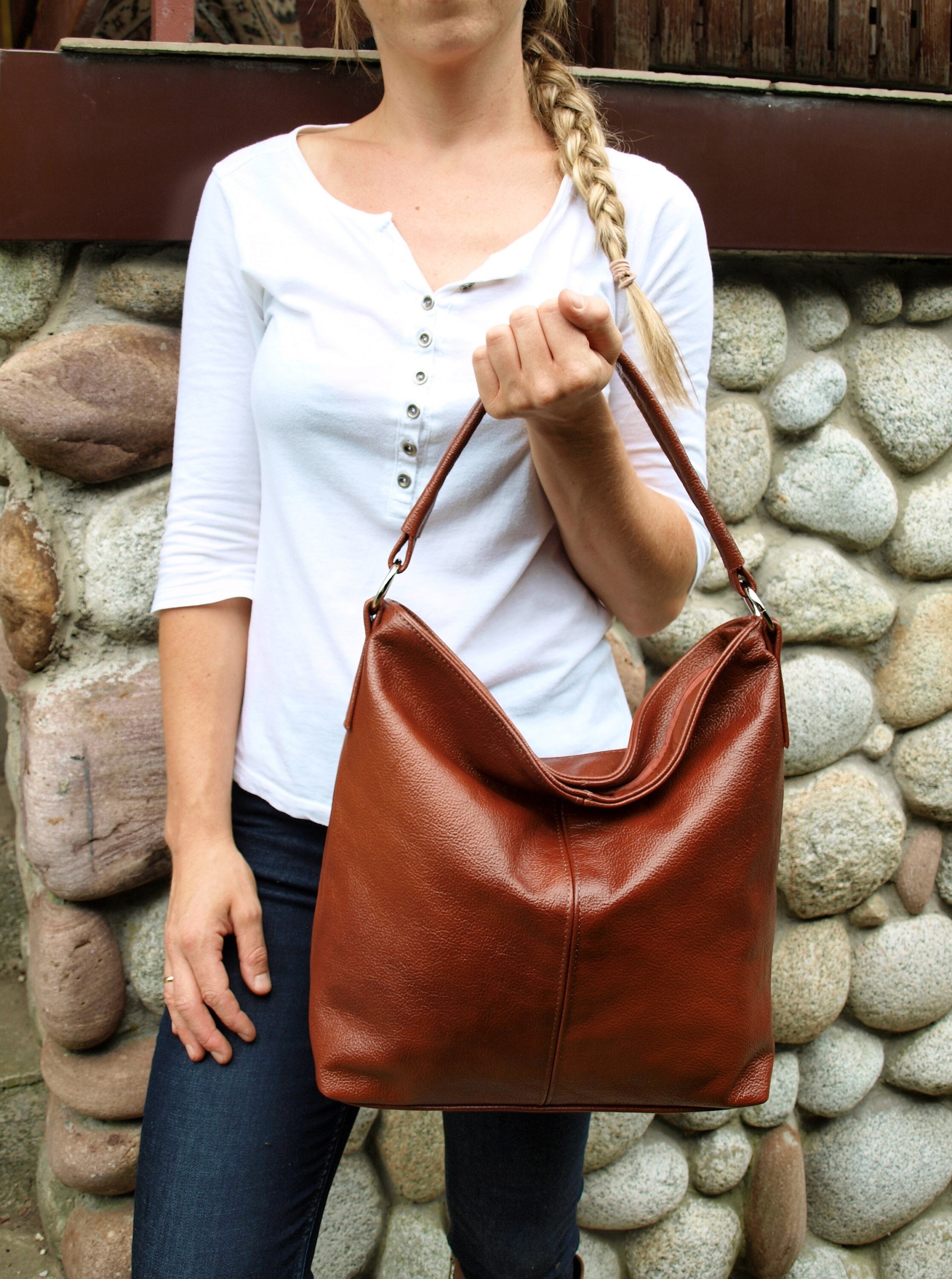 Leather Slouchy Hobo Bag Large Shoulder Bag Cognac Leather - Etsy