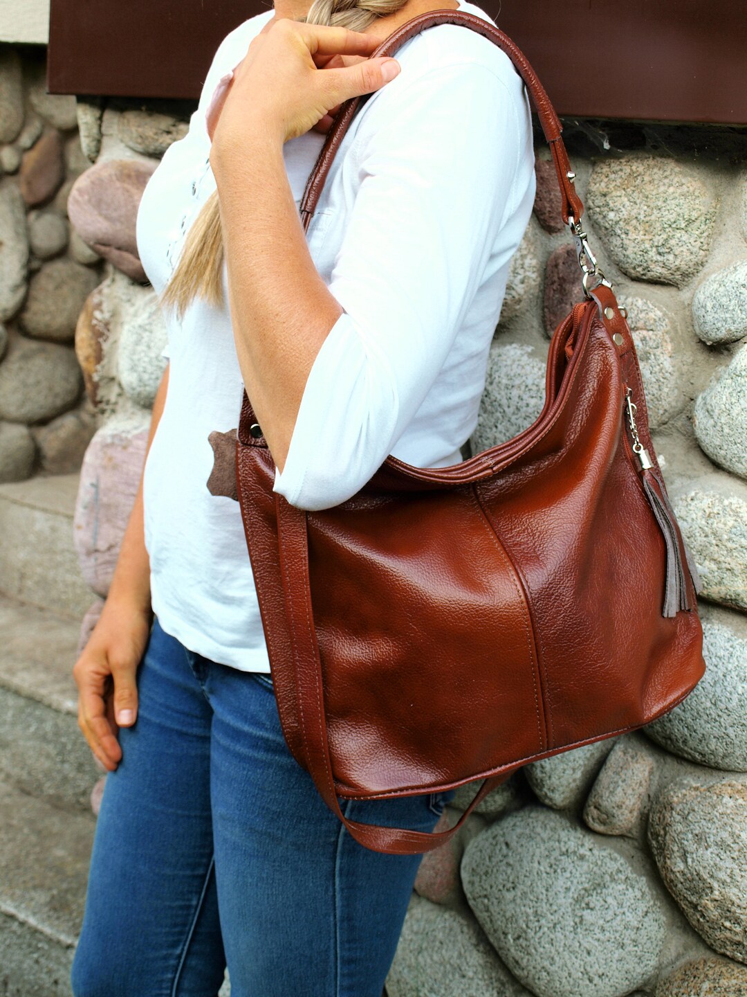 Cognac Slouchy Tote Bag, Leather Purse, Leather Bag With Zipper, Cognac ...