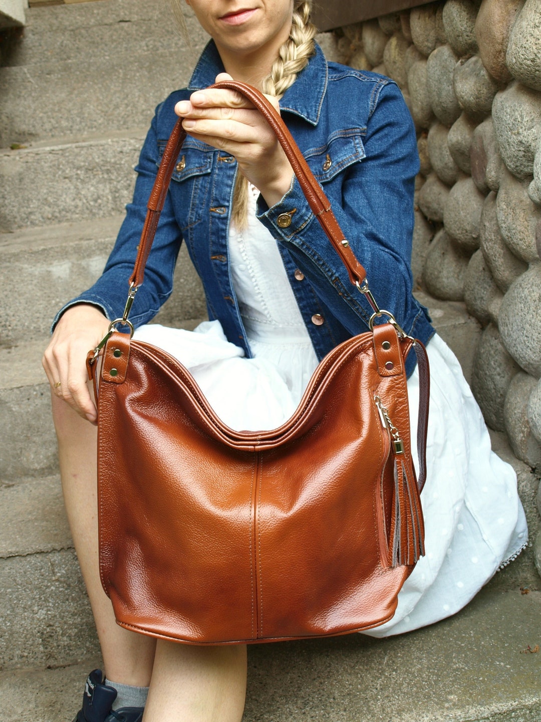 Cognac Leather HOBO Bag, Shoulder Bag, Crossbody Purse, Diaper Bag ...