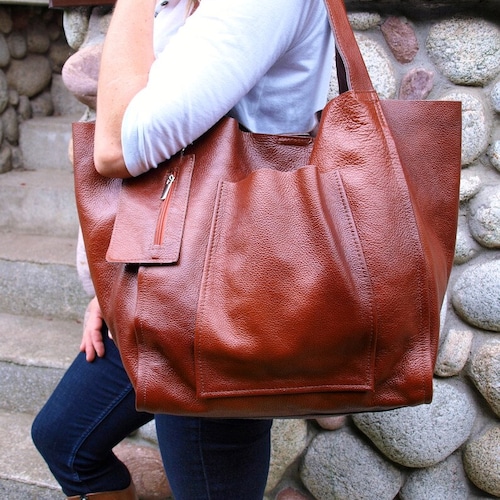 Large COGNAC LEATHER TOTE Bag Weekender Oversized Bag - Etsy