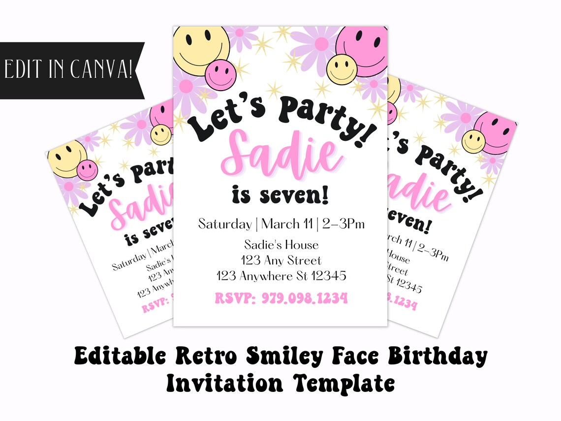 Smiley Face Birthday Invitation-retro Smiley Face Birthday-happy Face ...
