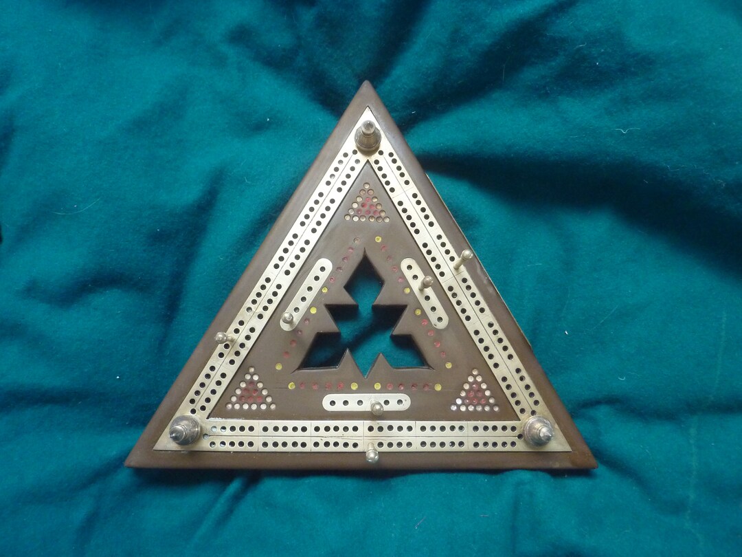 Rare Antique Triangular Cribbage Board Brass Finials Feet 6 Brass Pegs ...