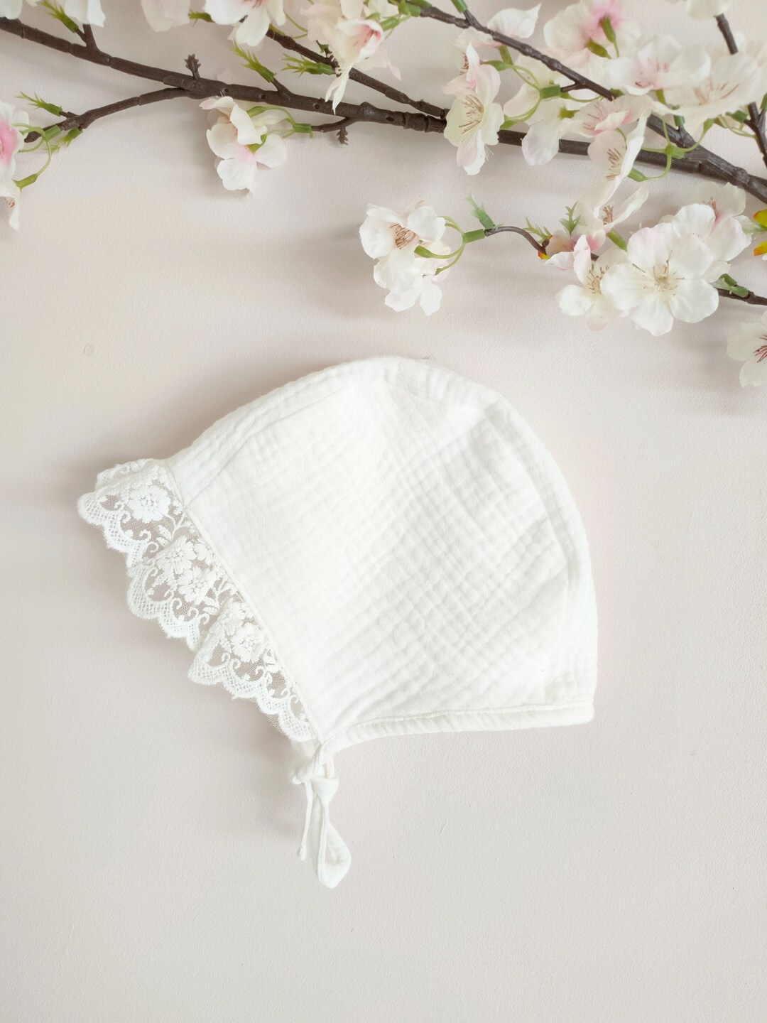 Ecru Muslin Christening Bonnet With Lace: Newborn Baptism Bonnet - Etsy