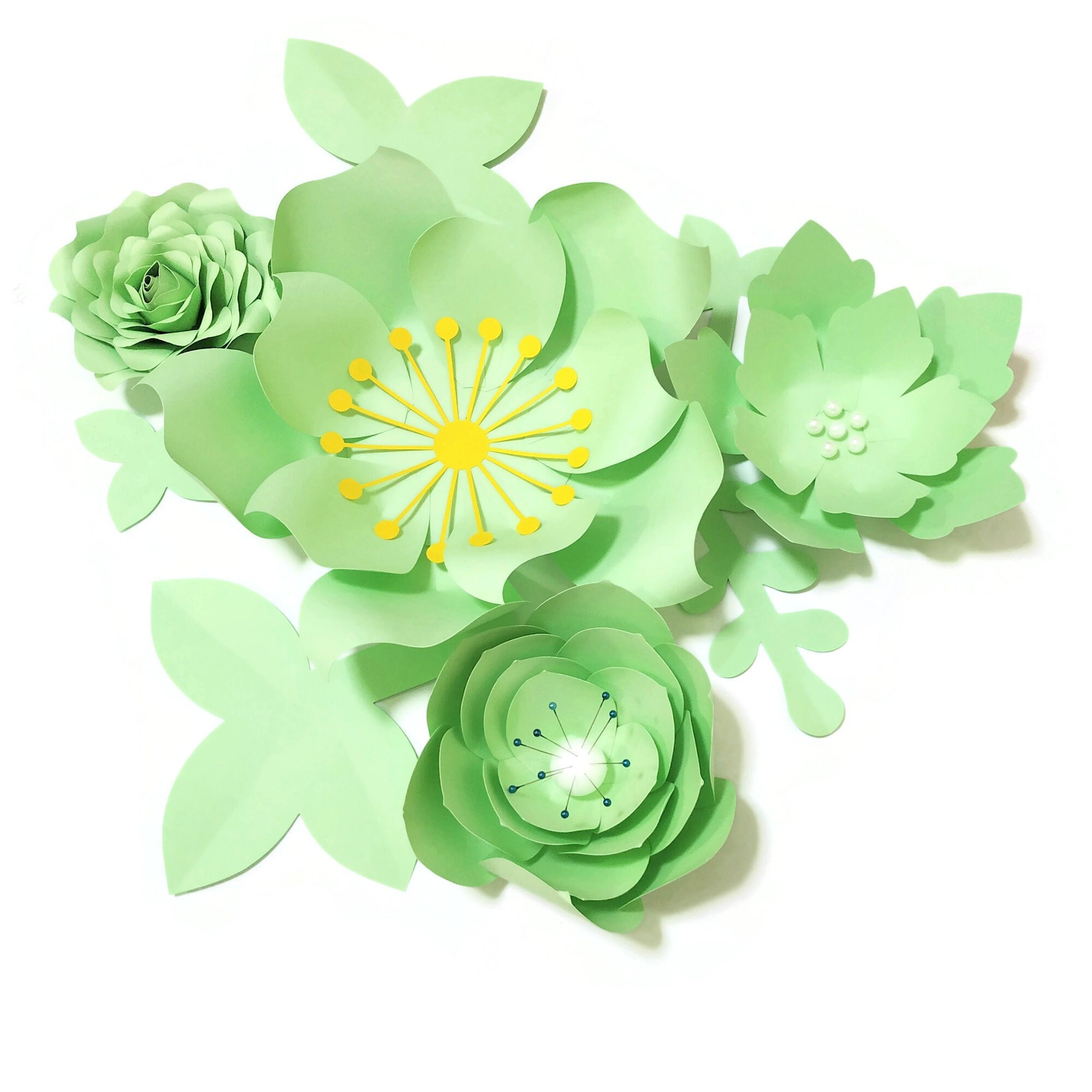 Light Green Paper Flowers With Leaves Plants Themed Wall | Etsy