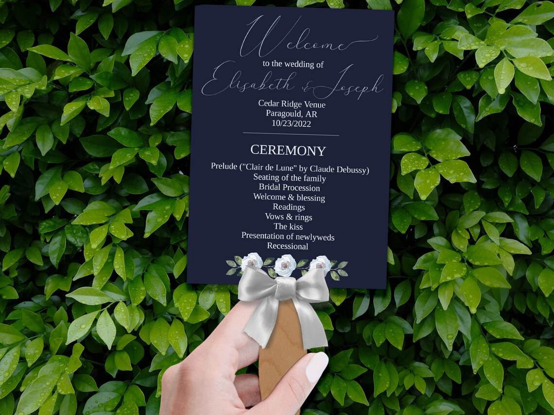 Modern Wedding Program Fan, Printable Navy Program Fan, Classic ...