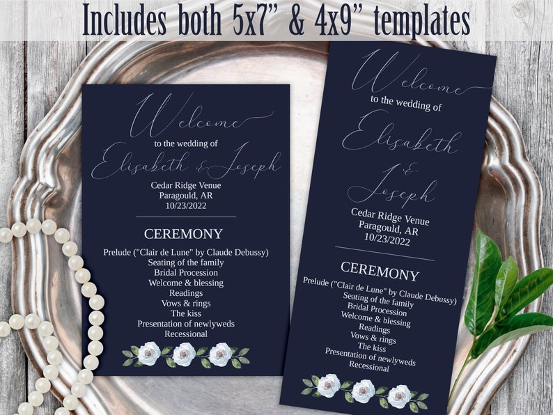 Modern Wedding Program, Printable Navy Flat Program Cards, Classic ...