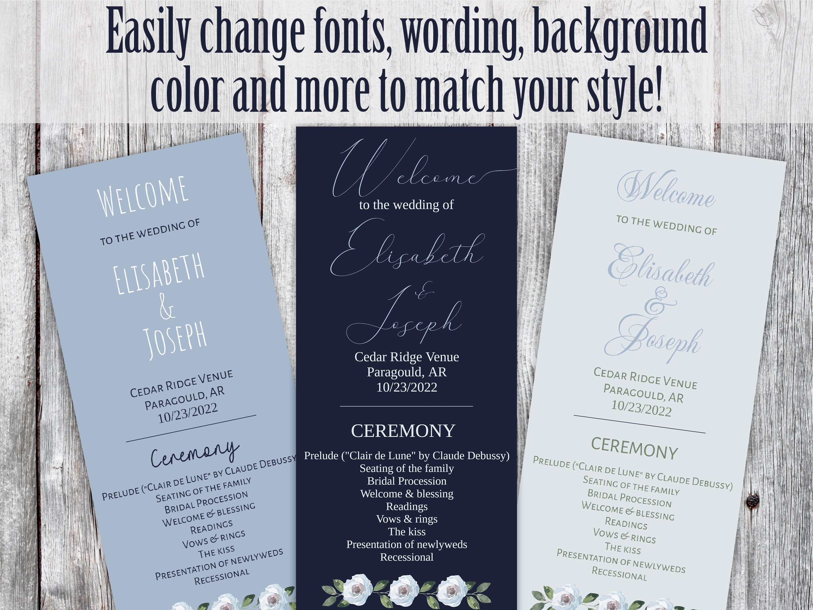 Modern Wedding Program, Printable Navy Flat Program Cards, Classic ...