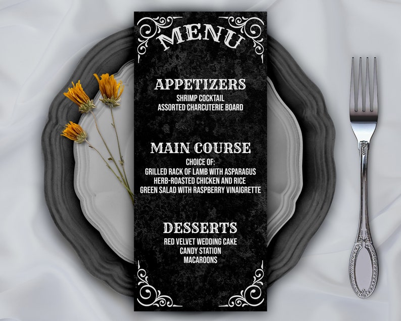 Printable Gothic Wedding Menu Editable Vintage Wedding Reception Menu ...