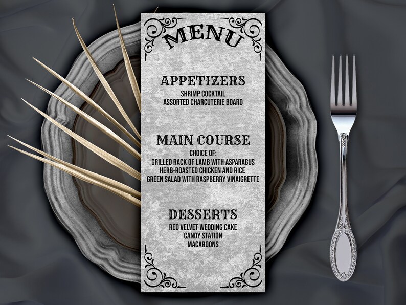 Printable Gothic Wedding Menu Editable Vintage Wedding Reception Menu ...