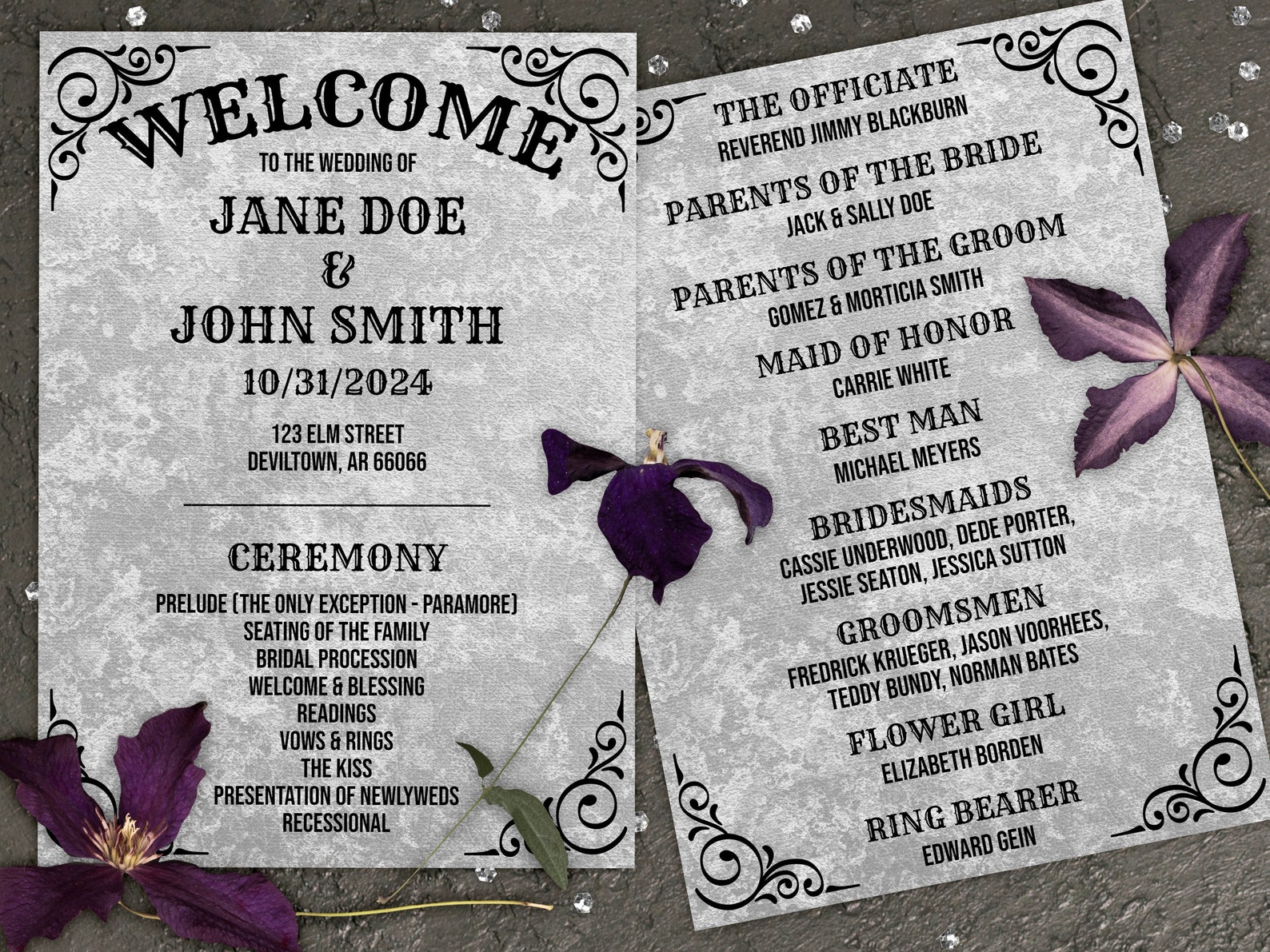Printable Gothic Wedding Program Vintage Wedding Program Card Witchy Halloween Wedding Ceremony ...