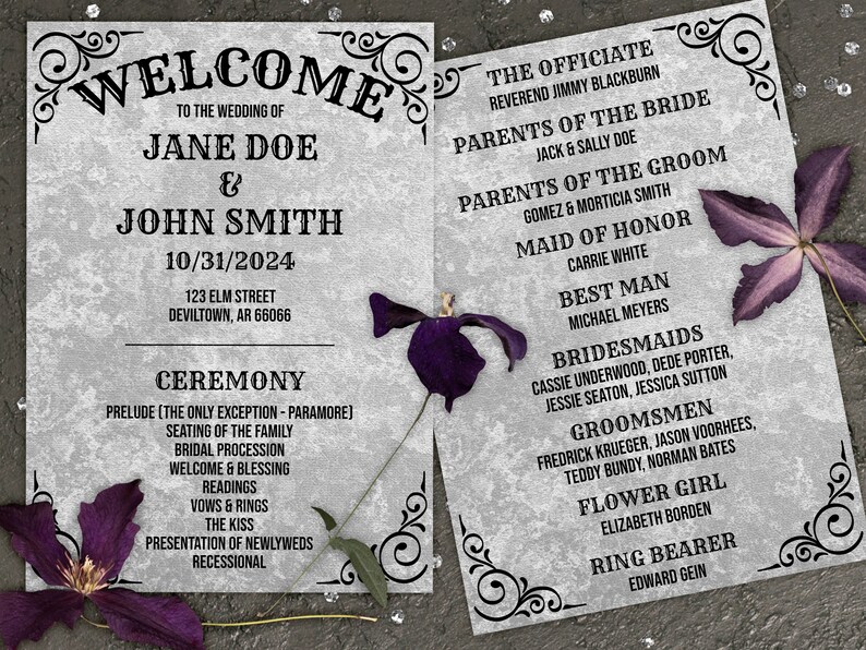 Printable Gothic Wedding Program Vintage Wedding Program Card Witchy Halloween Wedding Ceremony ...