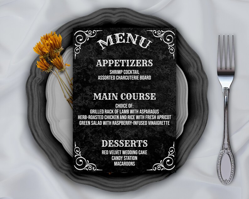 Printable Gothic Wedding Menu Editable Vintage Wedding Reception Menu ...